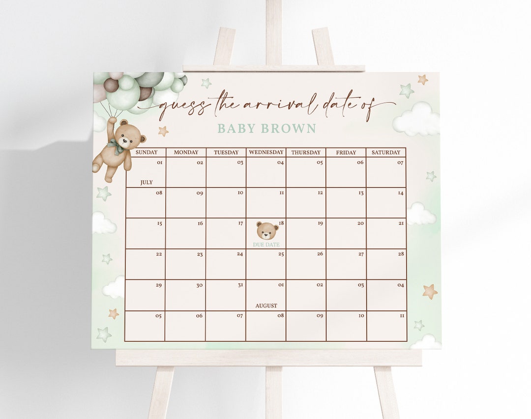 Teddy Bear Baby Shower Baby Due Date Calendar Game Guess Baby's ...