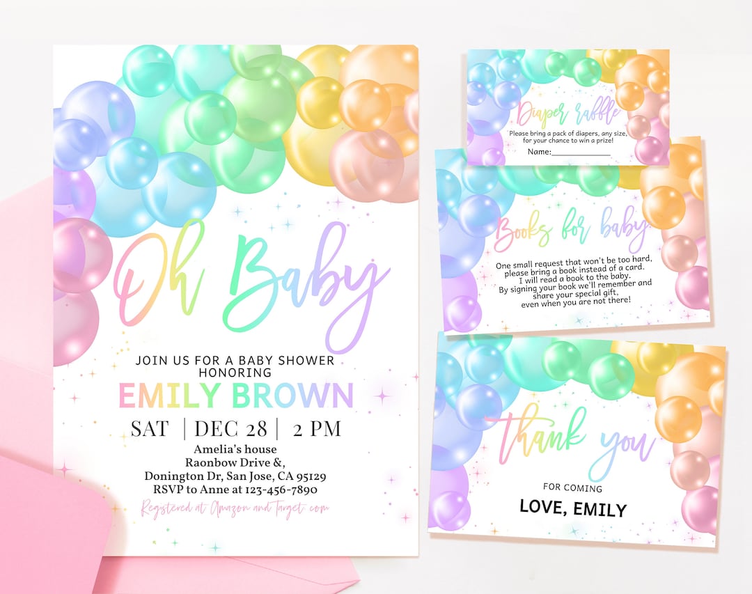 Pastel Rainbow Baby Shower Invitation Bundle Colorful Balloon Arch ...