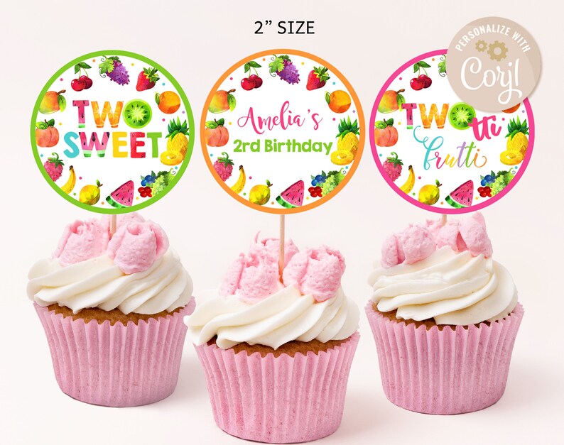 Twotti Frutti Cupcake Toppers Girl 2nd Second Birthday Decor Tropical ...