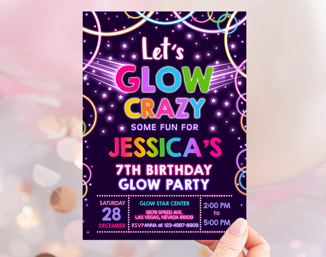 Glow Invitation Birthday Party Invites Boy Girl Neon Dark Laser Rainbow ...