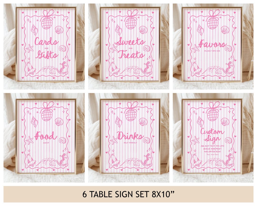 Coastal Pink Seashells Table Signs Set, Ocean Birthday Poster Bundle ...