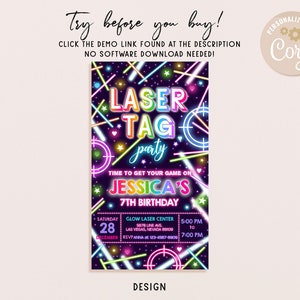 Laser Tag Evite Girl Gamer Birthday Digital Invitation Neon Glow Pink ...