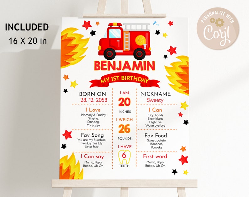 Firetruck Milestone Board Sign Girl Boy 1st First Birthday Party Decor ...