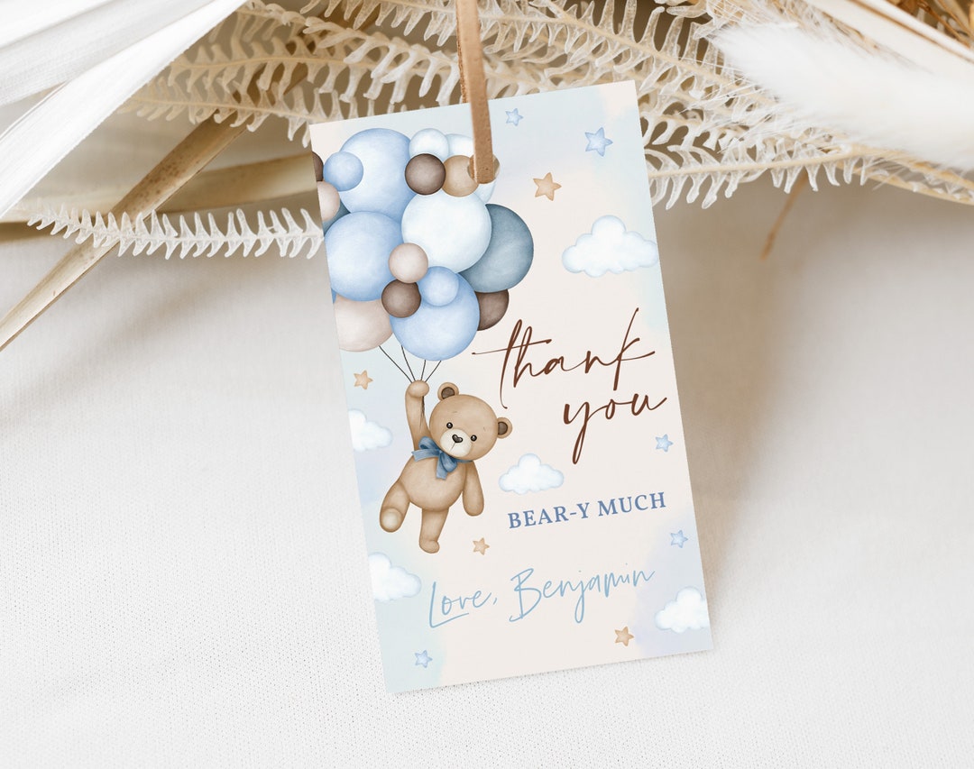 Teddy Bear Birthday Gift Tags Beary First Boy Birthday Party Favor Tags ...