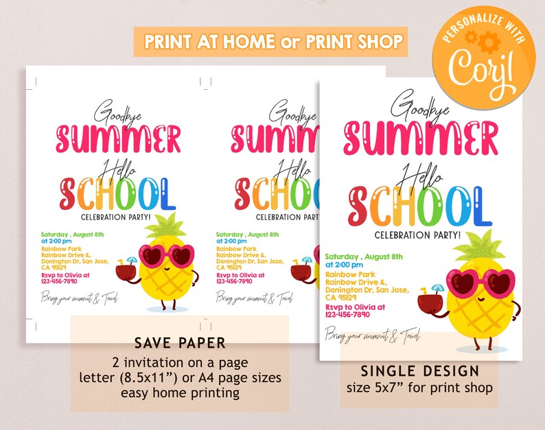 End of Summer Party Invitation Back to School Invites First Day of ...