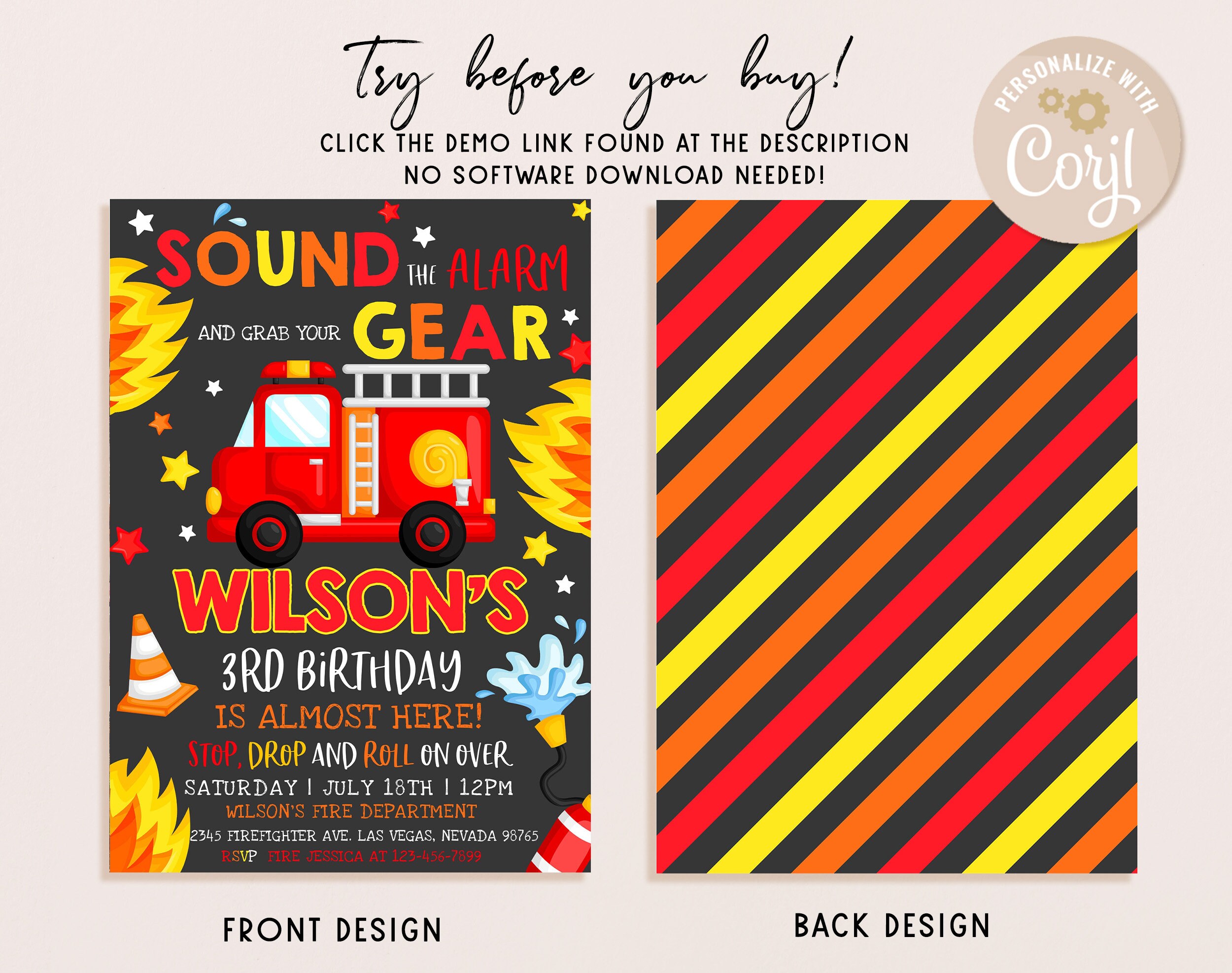 Firetruck Birthday Invitation Firefighter Birthday Invite Fireman Party ...