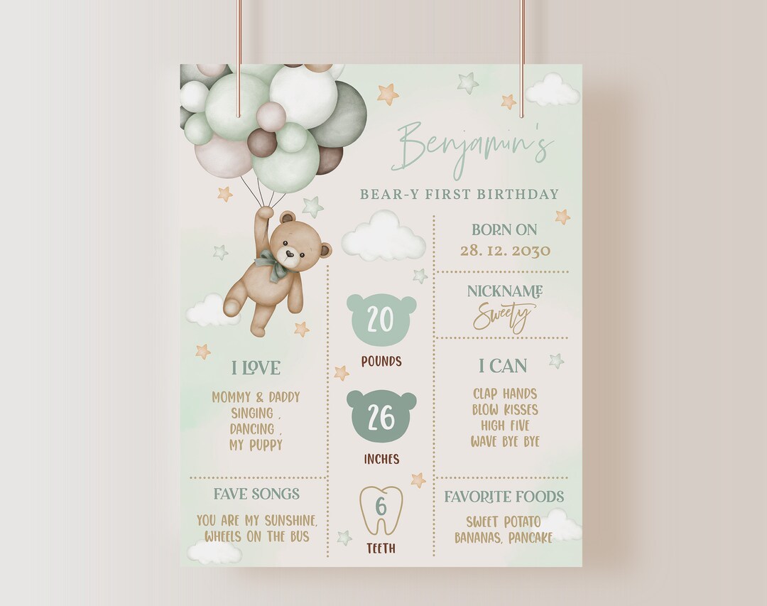 Teddy Bear Milestone Poster Beary First 1st Birthday Sign Sage Green ...