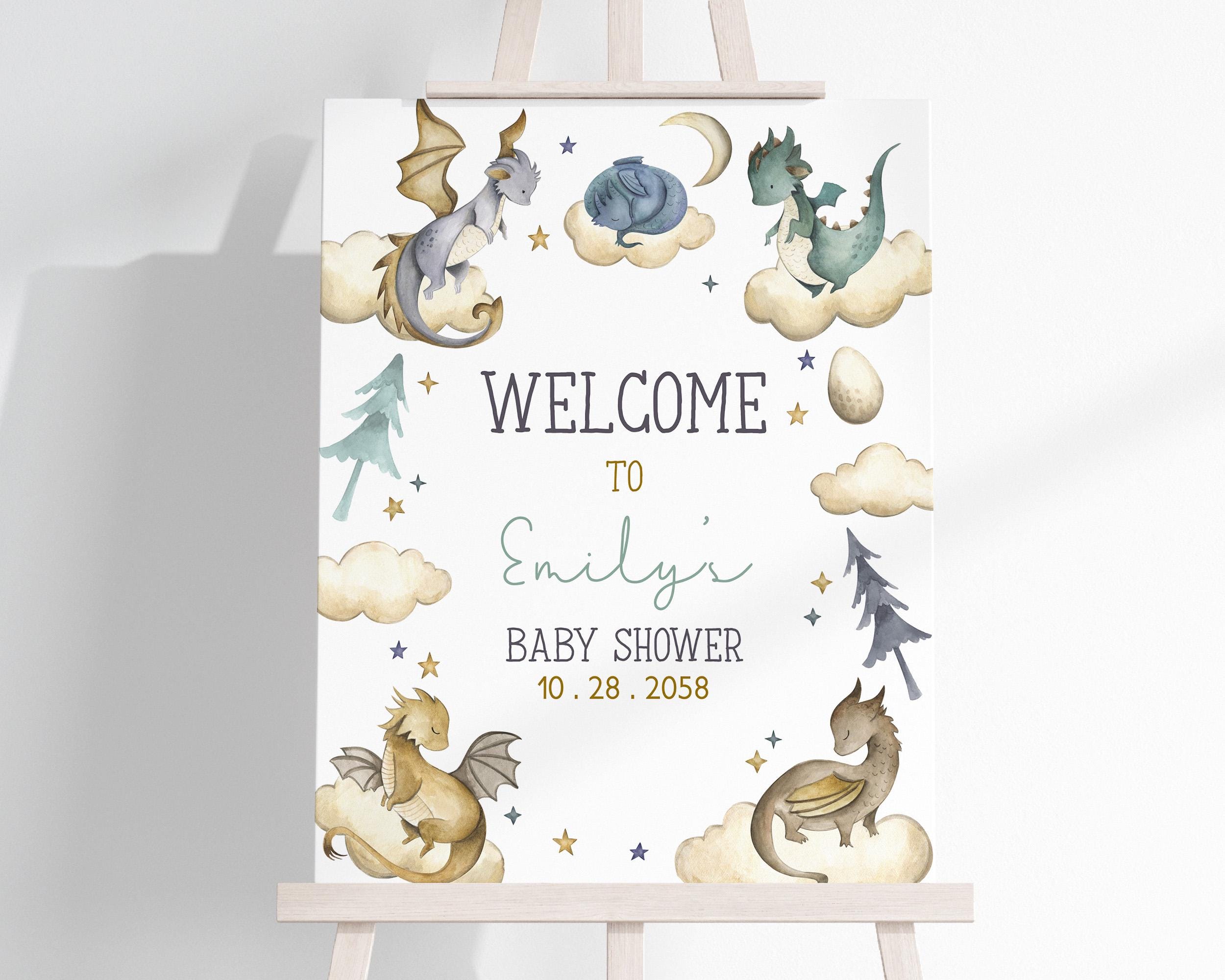 Dragon Baby Shower Welcome Sign Blue Green Dragons Poster Magical ...