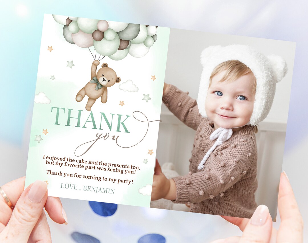 Teddy Bear Photo Thank You Card Girl Boy 1st Birthday Party Thank You ...
