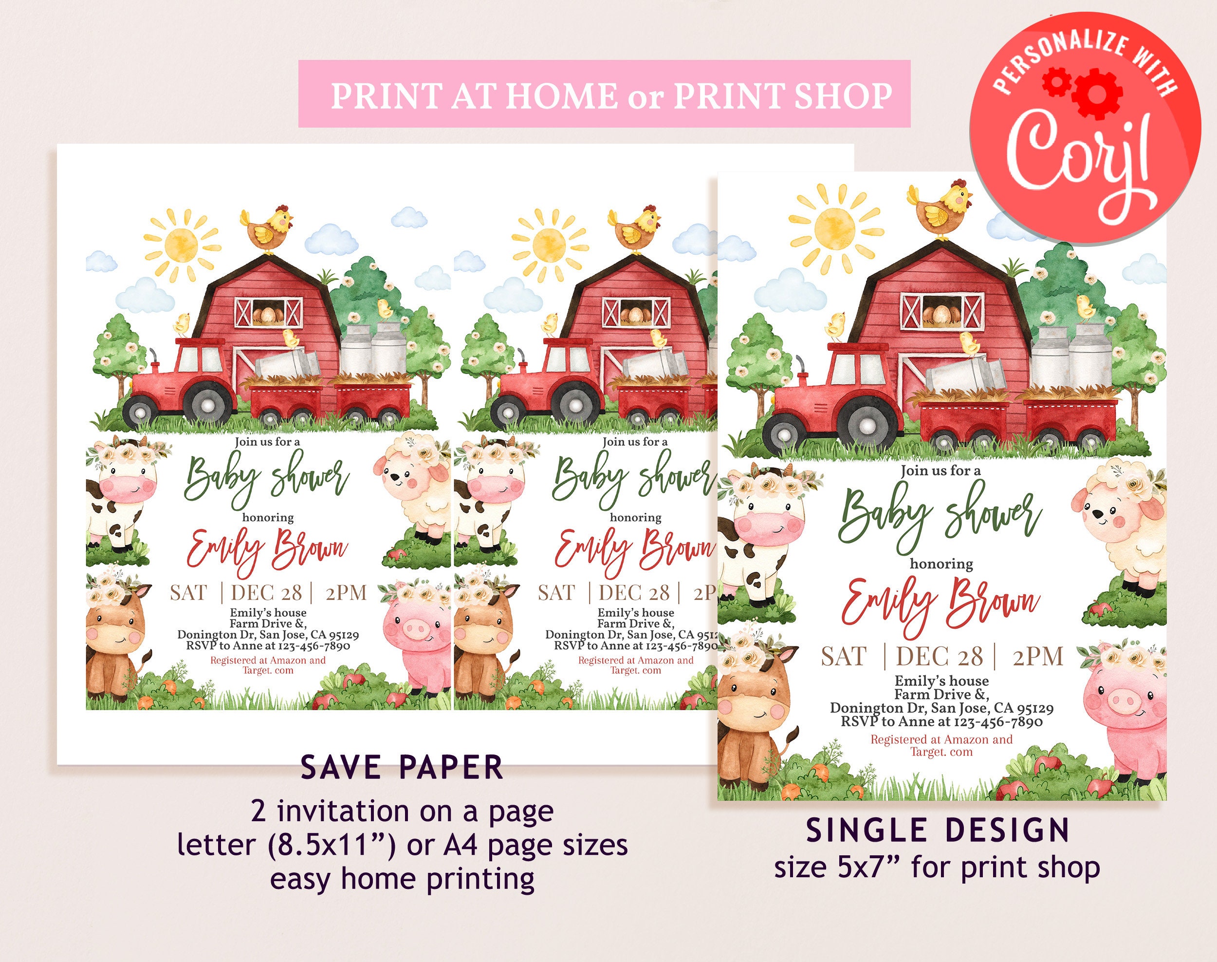 Farm Baby Shower Invitation Barn Animals Gender Neutral Invite Boy Girl ...