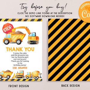EDITABLE Construction Thank You Cards Boy Birthday Party Thank You ...