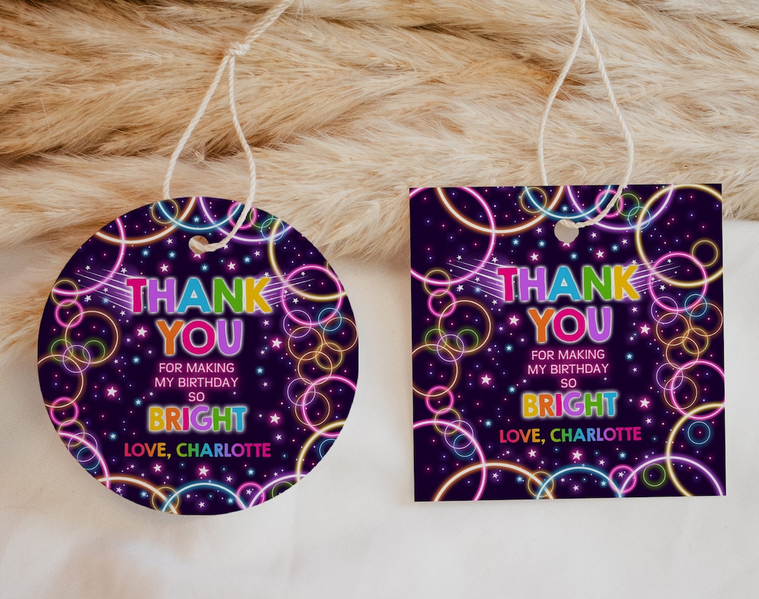 Glow Birthday Gift Tags Neon Party Favor Tags Boy Girl Laser Thank You ...
