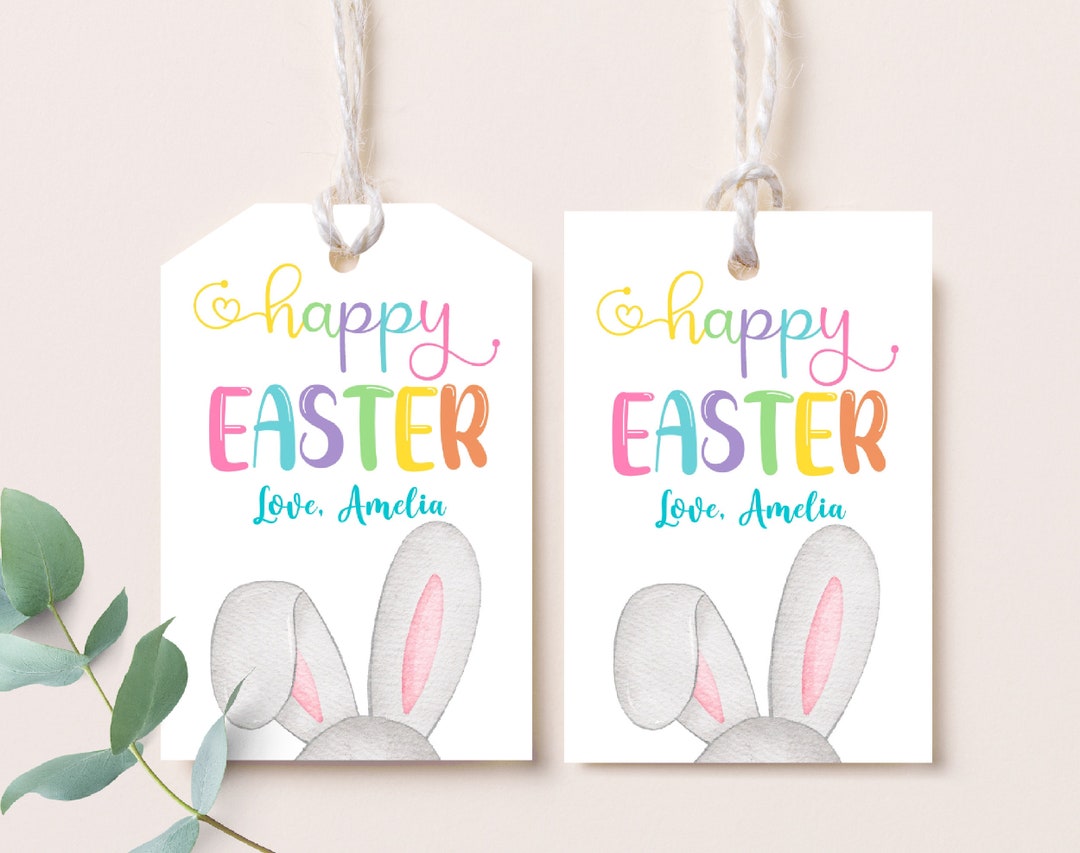 EDITABLE Easter Bunny Ears Tag Happy Party Gift Basket Label Rabbit ...
