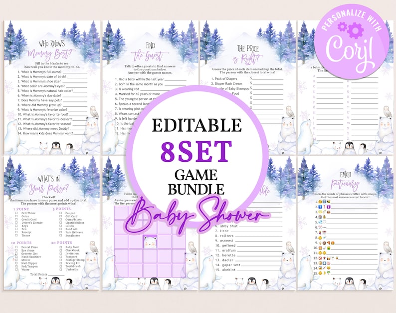 Winter Wonderland Baby Shower Games Set Girl Polar Bear Arctic Animals ...