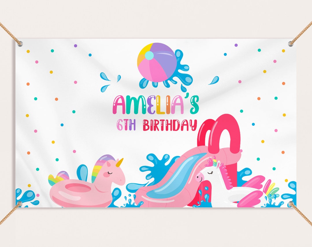 Waterslide Backdrop Banner Girl 1st Birthday Party Decor Pink Water ...