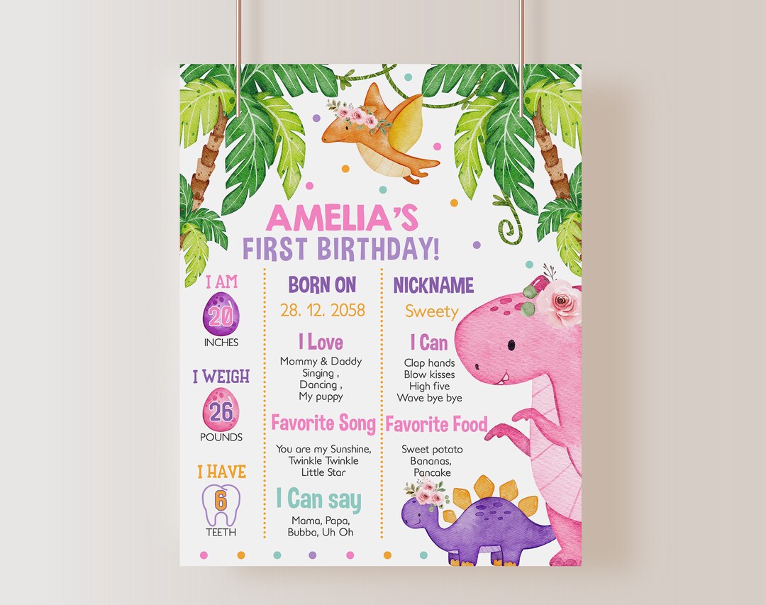 Dinosaur Birthday Milestone Board Sign Girl 1st First Birthday Decor ...