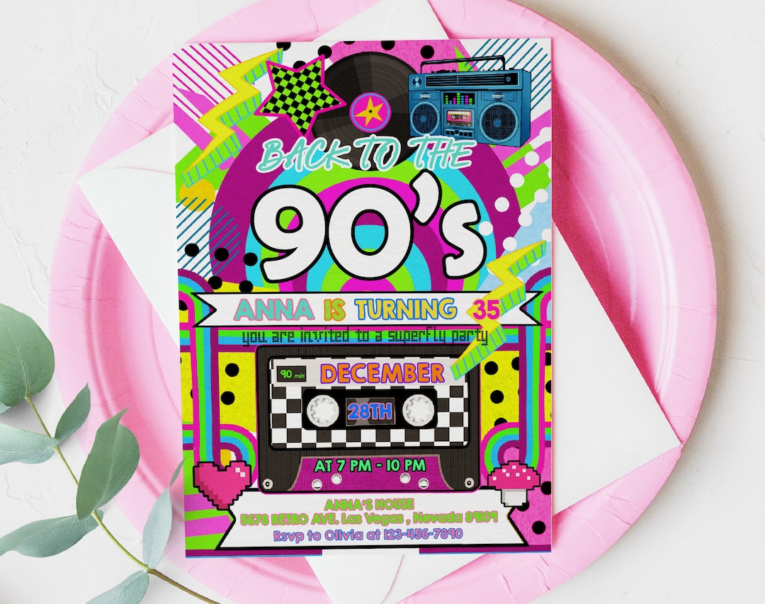 Invitación de los años 90 fiesta de cumpleaños invita retro a la década ... Invitación de los años 90 fiesta de cumpleaños invita retro a la década ...