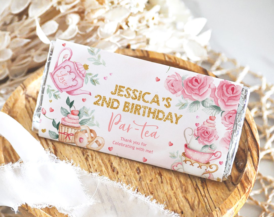 Tea Party Chocolate Wrapper Girl 1st First Birthday Decor Gold Blush ...