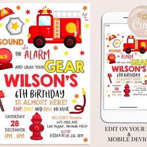 Firetruck Birthday Invitation Firefighter Birthday Invite Fireman Party ...