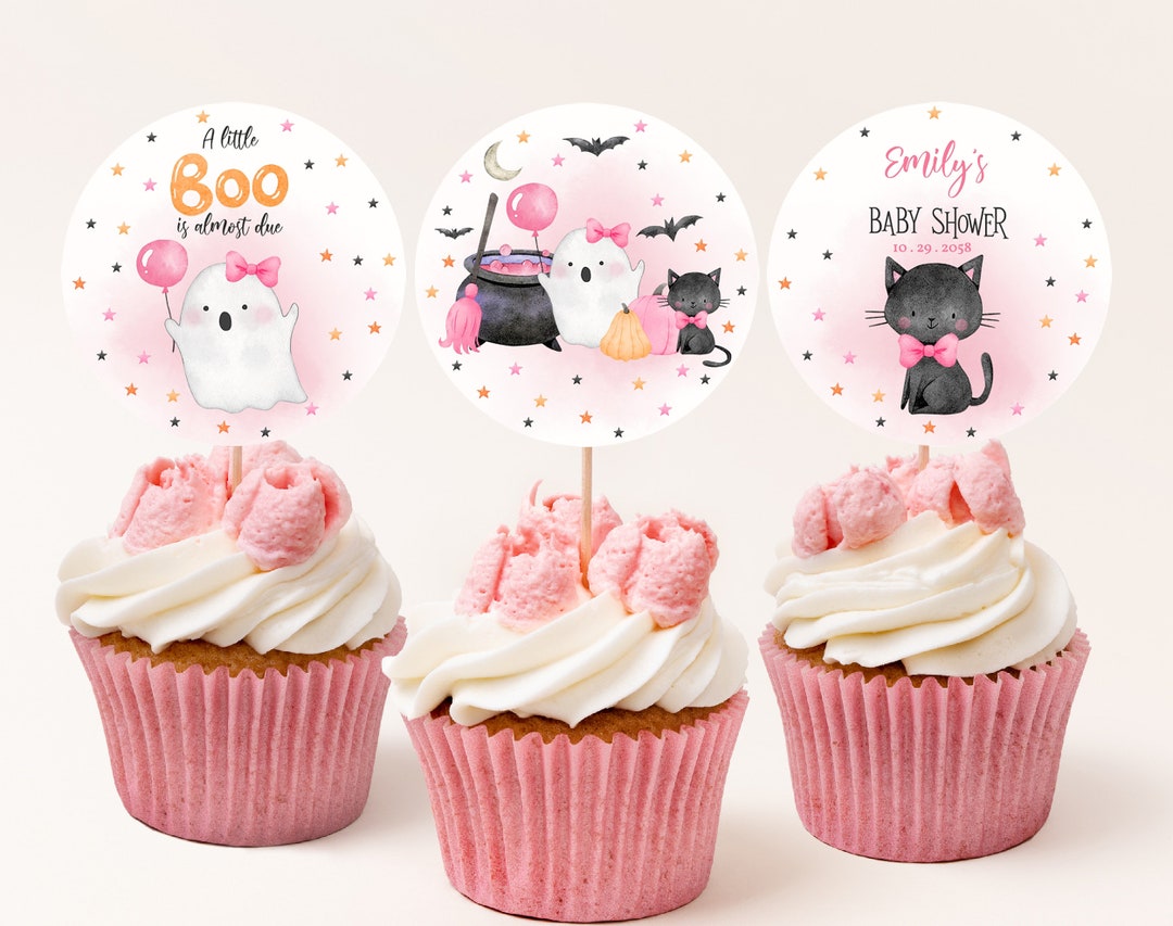 Halloween Baby Shower Cupcake Toppers A Little Boo Pink Ghost Favor ...