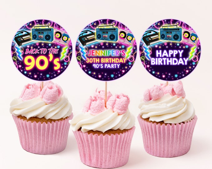 90s Party Cupcake Toppers, Set of 12, Birthday Party Theme Decorations ...