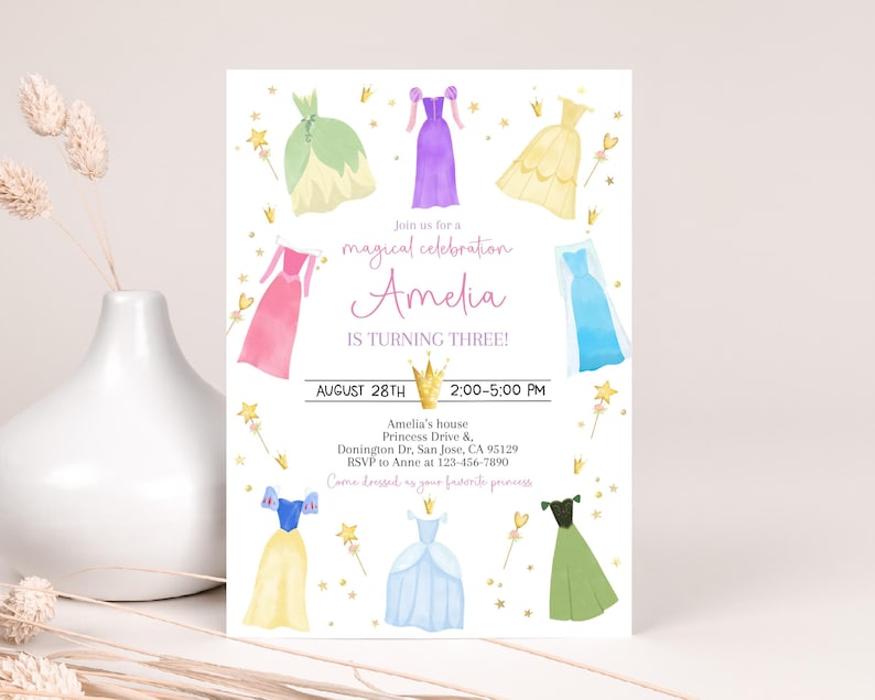 Princess Birthday Invitation, Once Upon a Time Princess Dresses Invite ...