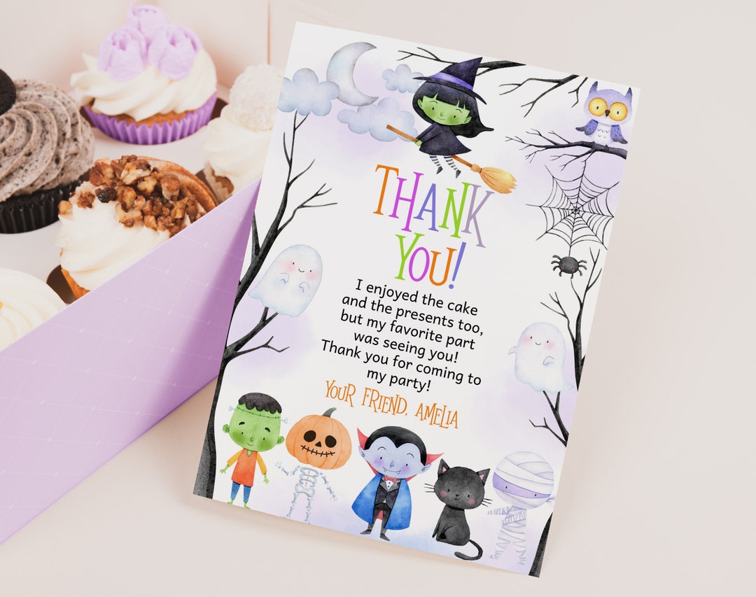 Halloween Birthday Thank You Card Kids Halloween Costume Party Decor ...