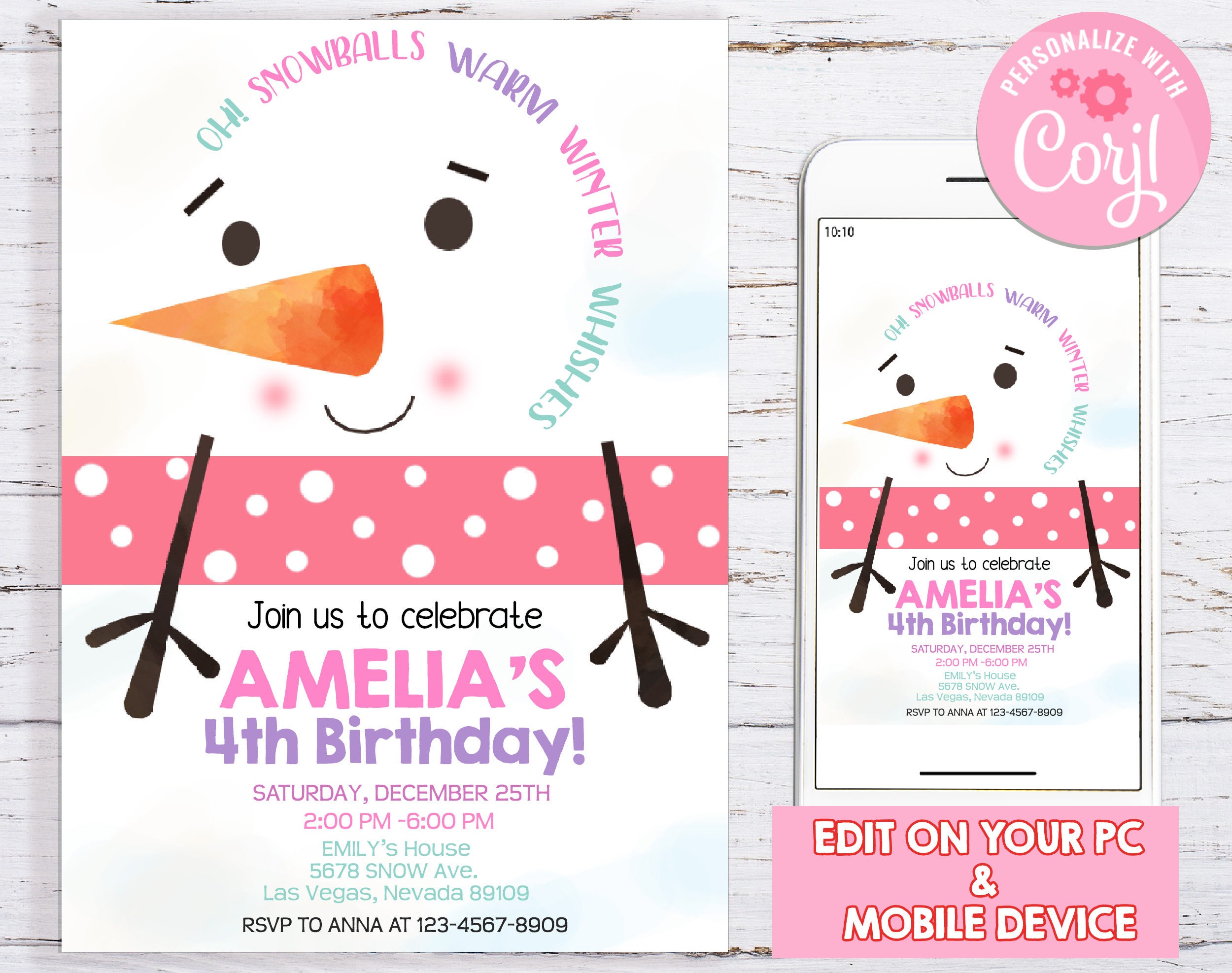 Pink Snowman Birthday Invitation, Christmas Winter Holiday, Snow Much ...