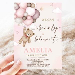 Teddy Bear Birthday Invitation First 1st Party Invite Girl Any Age We ...