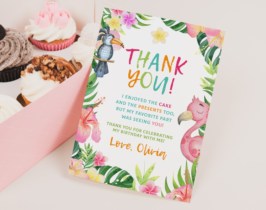 Flamingo Birthday Thank You Card Aloha Luau Girl Birthday Thank You ...
