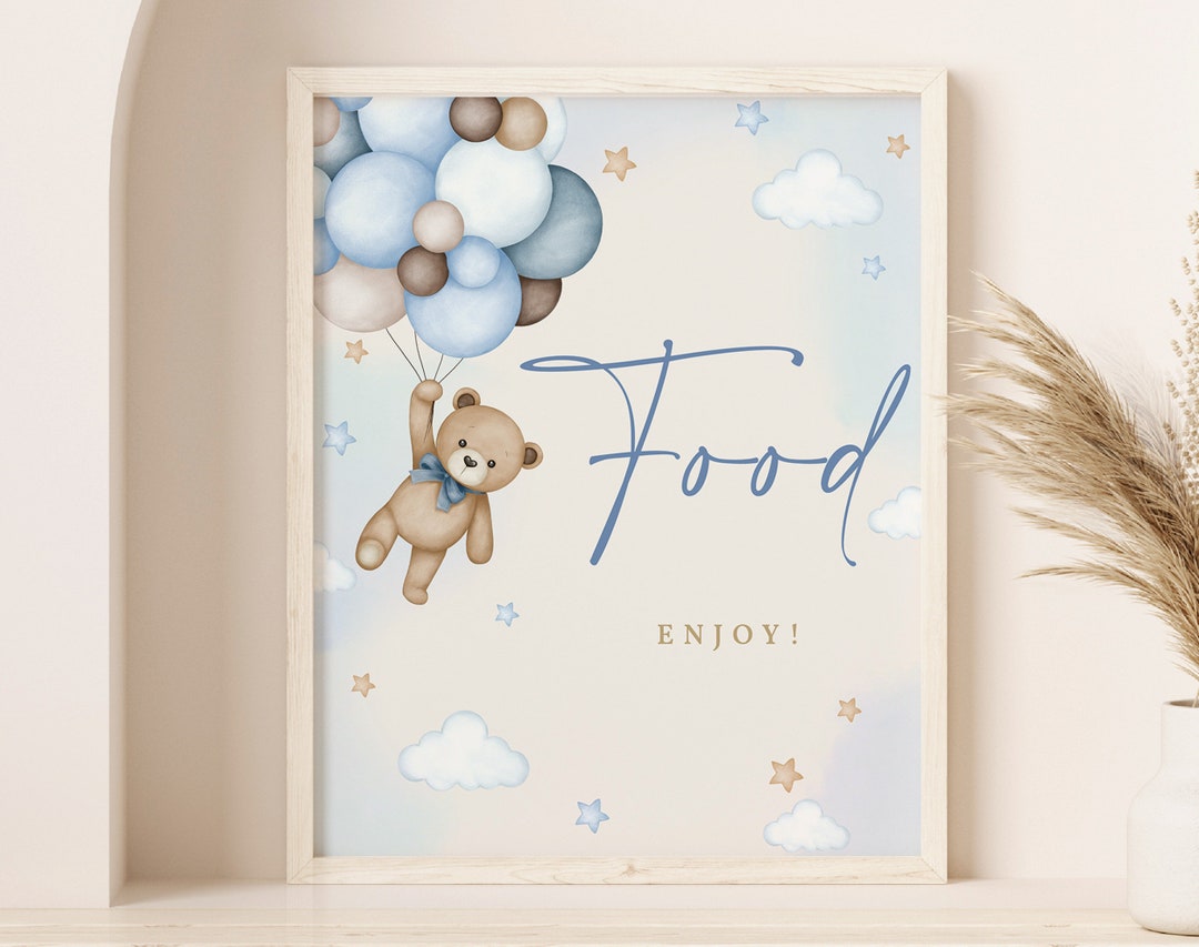 Teddy Bear Food Sign Baby Shower Table Signs Winter Birthday Party Blue ...