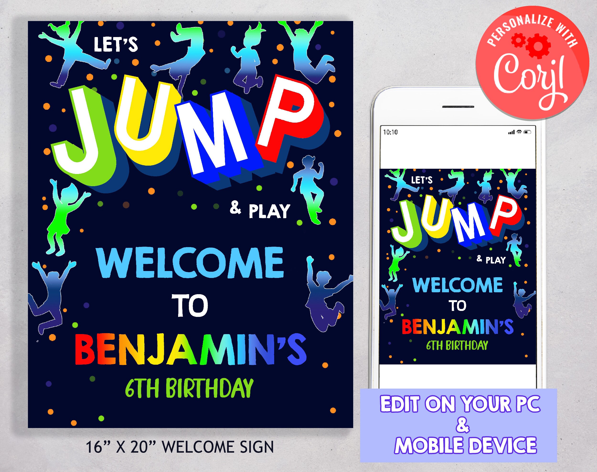 Jump Birthday Party Welcome Sign Poster Trampoline Banner Let's House ...