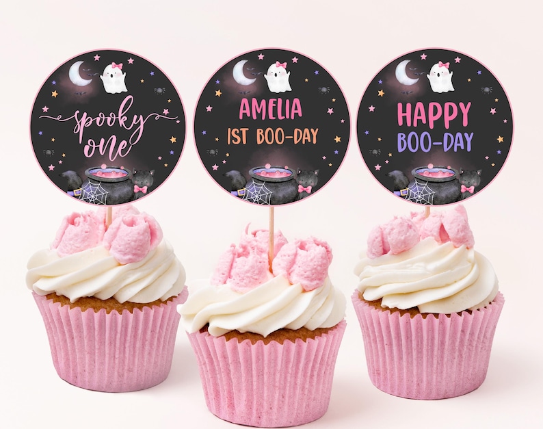 Halloween Birthday Cupcake Toppers Spooky One Girl Birthday Decor ...