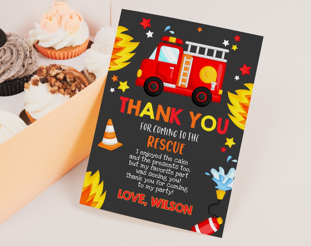 Firetruck Thank You Card Boy 1st First Birthday Party Favors Fireman ...