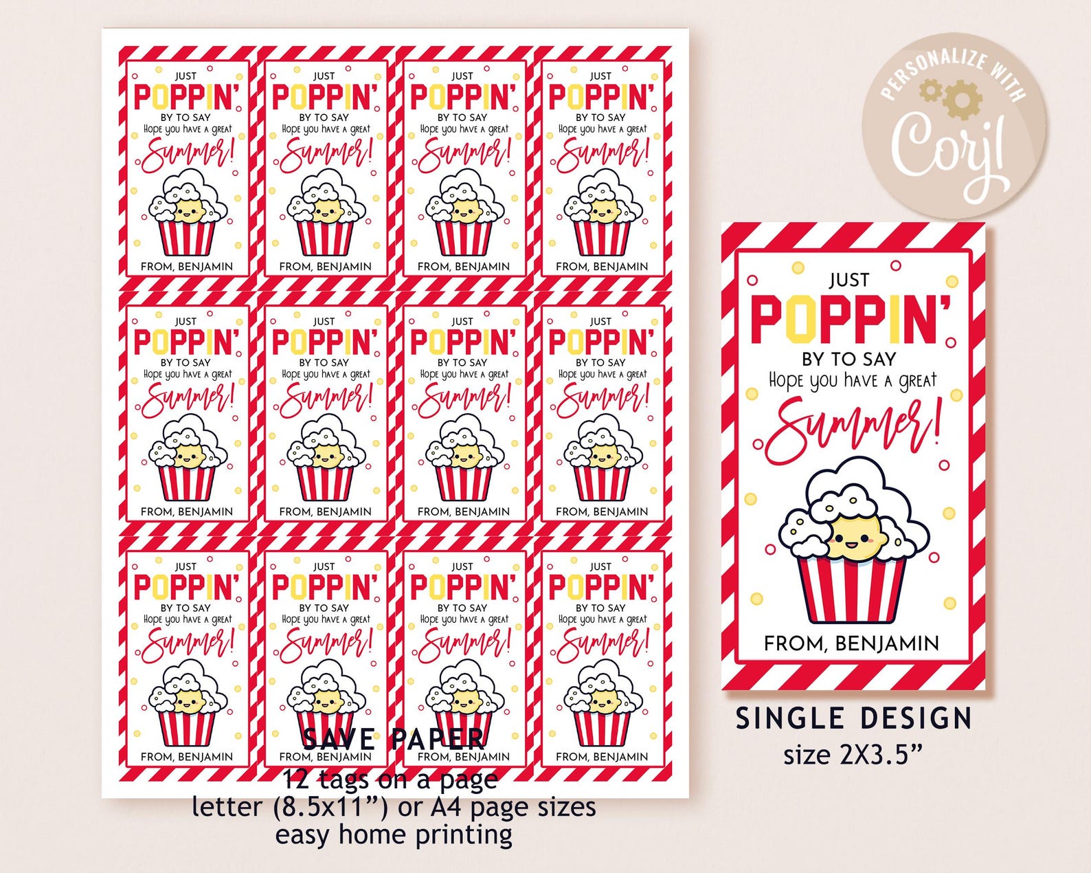 Just Poppin' by to Say Have a Great Summer Popcorn Gift Tag End of ...