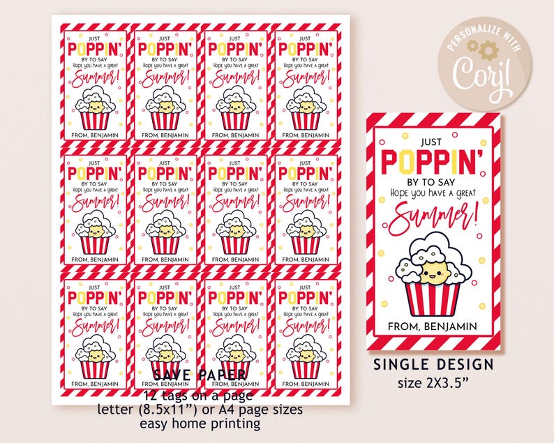 Just Poppin' by to Say Have a Great Summer Popcorn Gift Tag End of ...