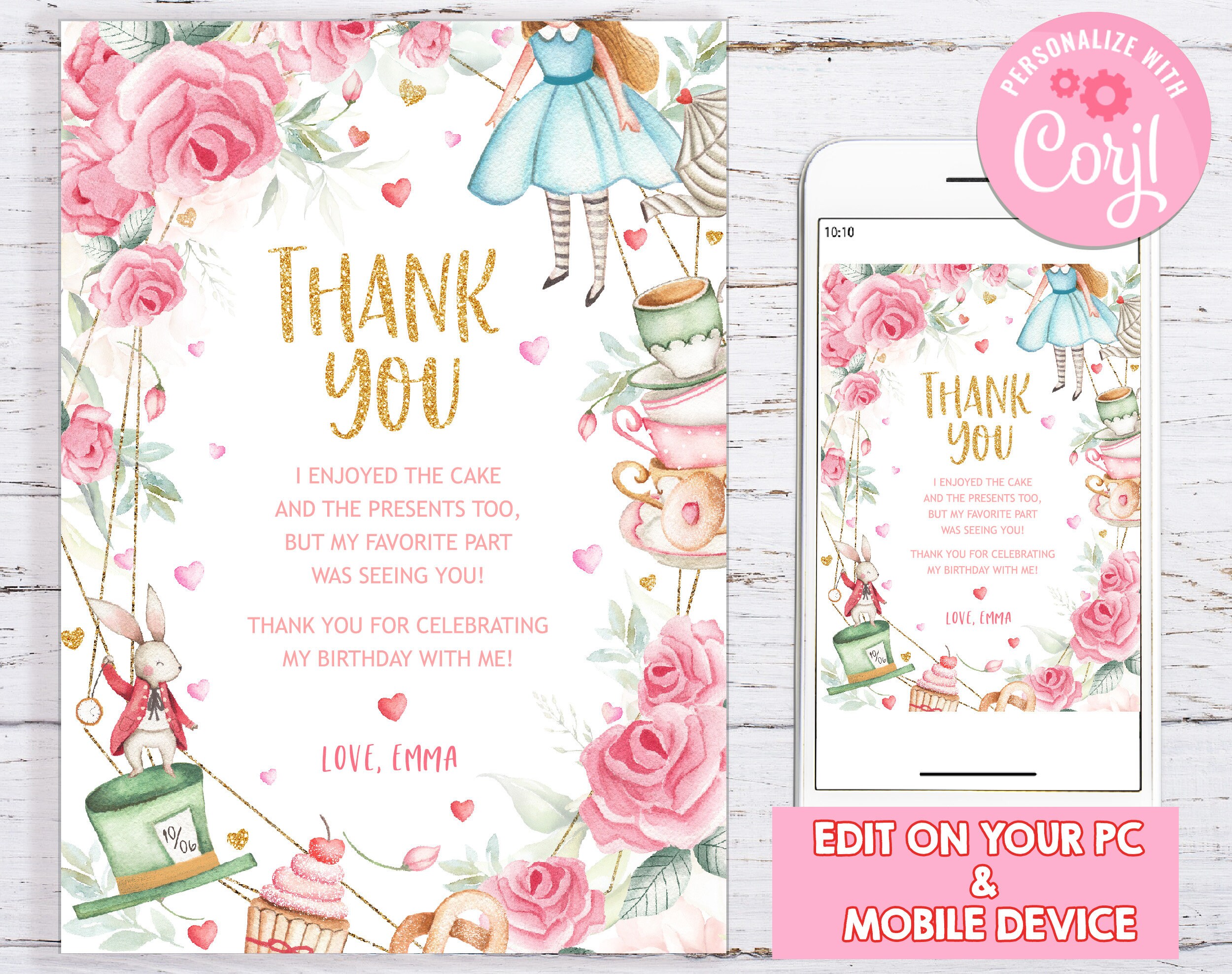 Alice in Wonderland Thank You Card Birthday Party Onederland - Etsy