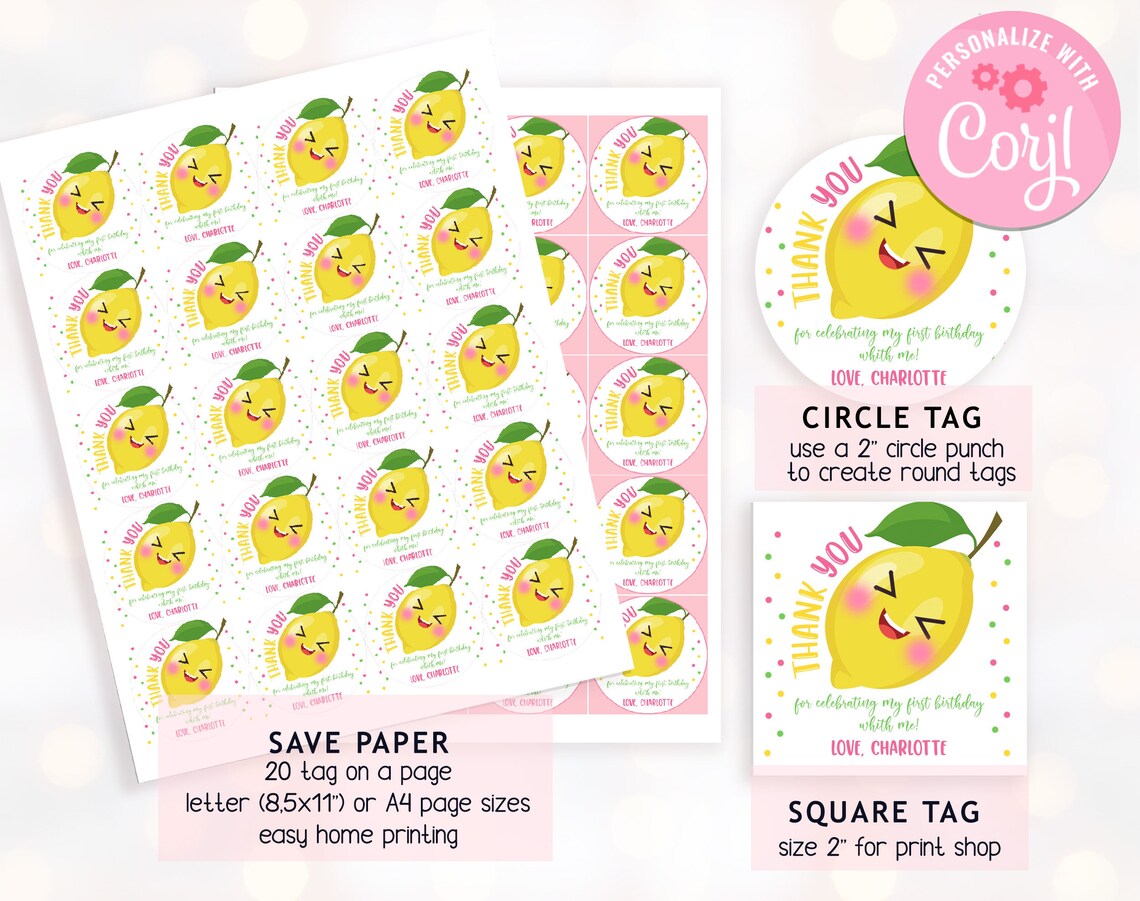 Lemon Thank You Tag Lemonade Party Gift Tags Baby Shower Favor Label ...