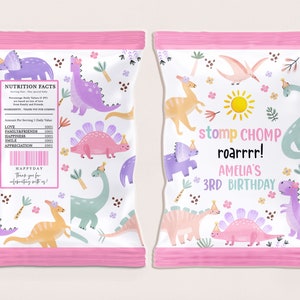 Pastel Dinosaur Chip Bag Labels Girl 1st Birthday Party Decor Cute Dino ...