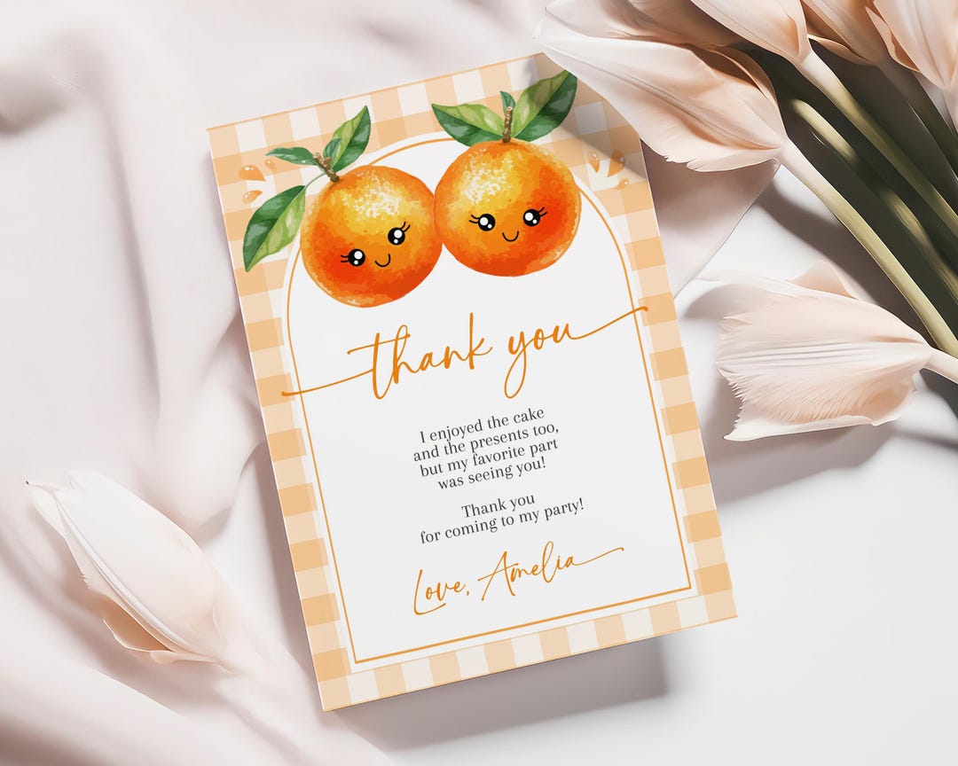 Two Little Cuties Birthday Thank You Card Orange Twin Baby Shower Thank ...