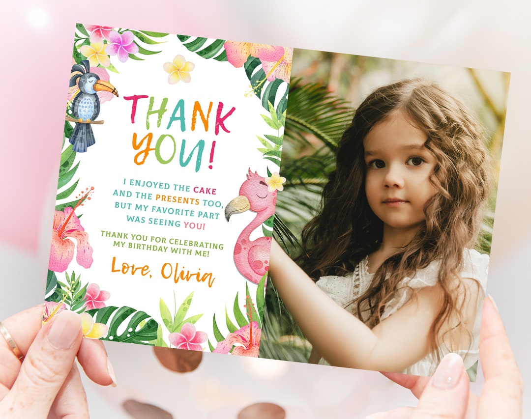 Flamingo Photo Thank You Card Aloha Luau Girl Birthday Thank You Note ...