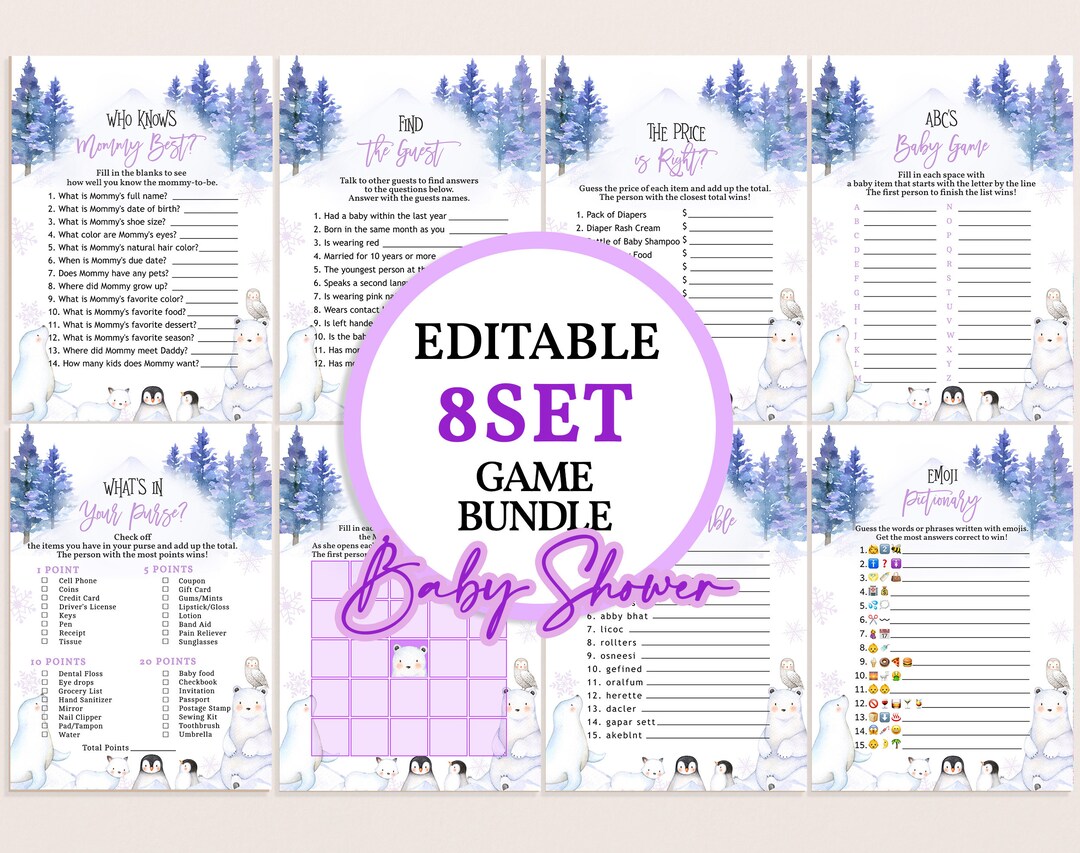 Winter Wonderland Baby Shower Games Set Girl Polar Bear Arctic Animals ...