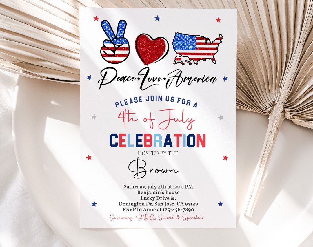 4th of July Invitation Peace Love Patriotic Invite Fourth of July Party ...