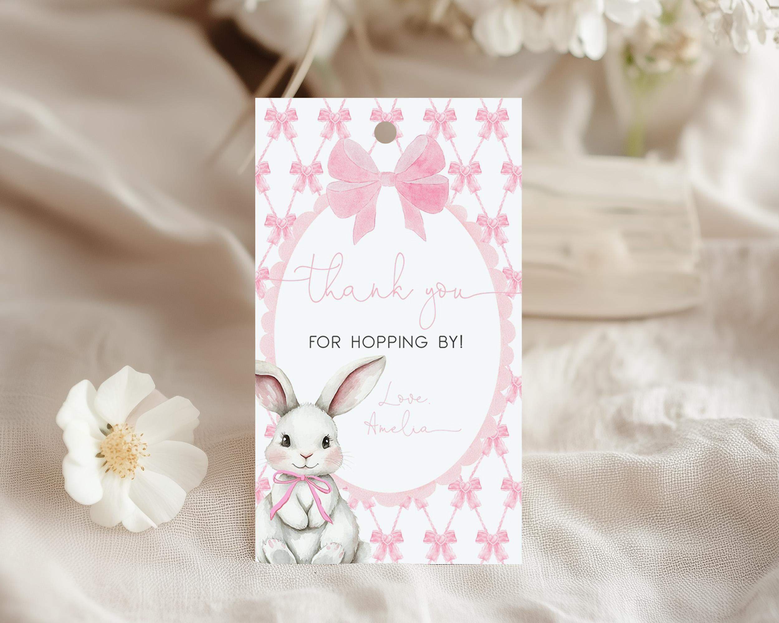 Bunny Birthday Gift Tag Pink Bow Gingham Coquette Baby Shower Favor Tag ...