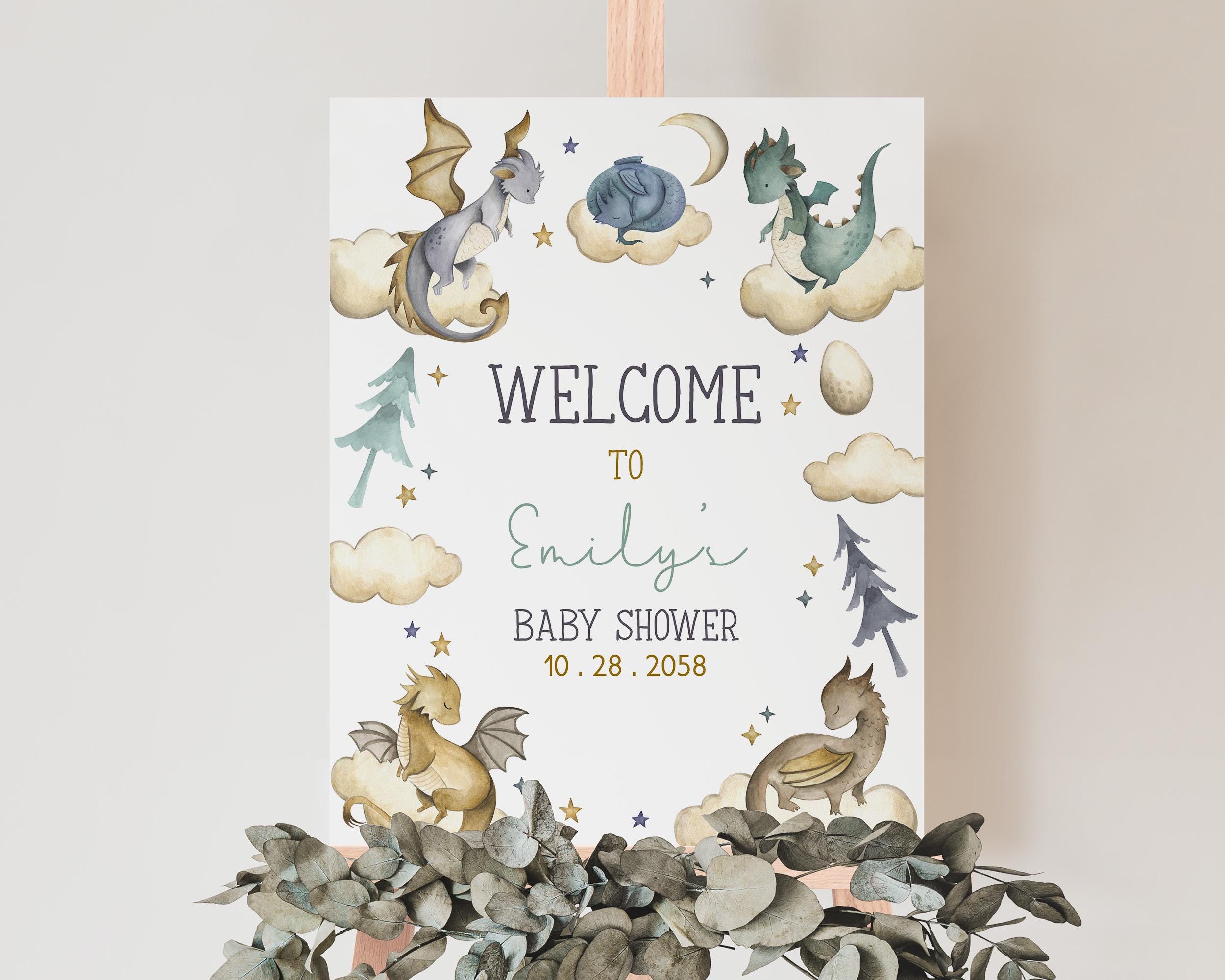 Dragon Baby Shower Welcome Sign Blue Green Dragons Poster Magical ...