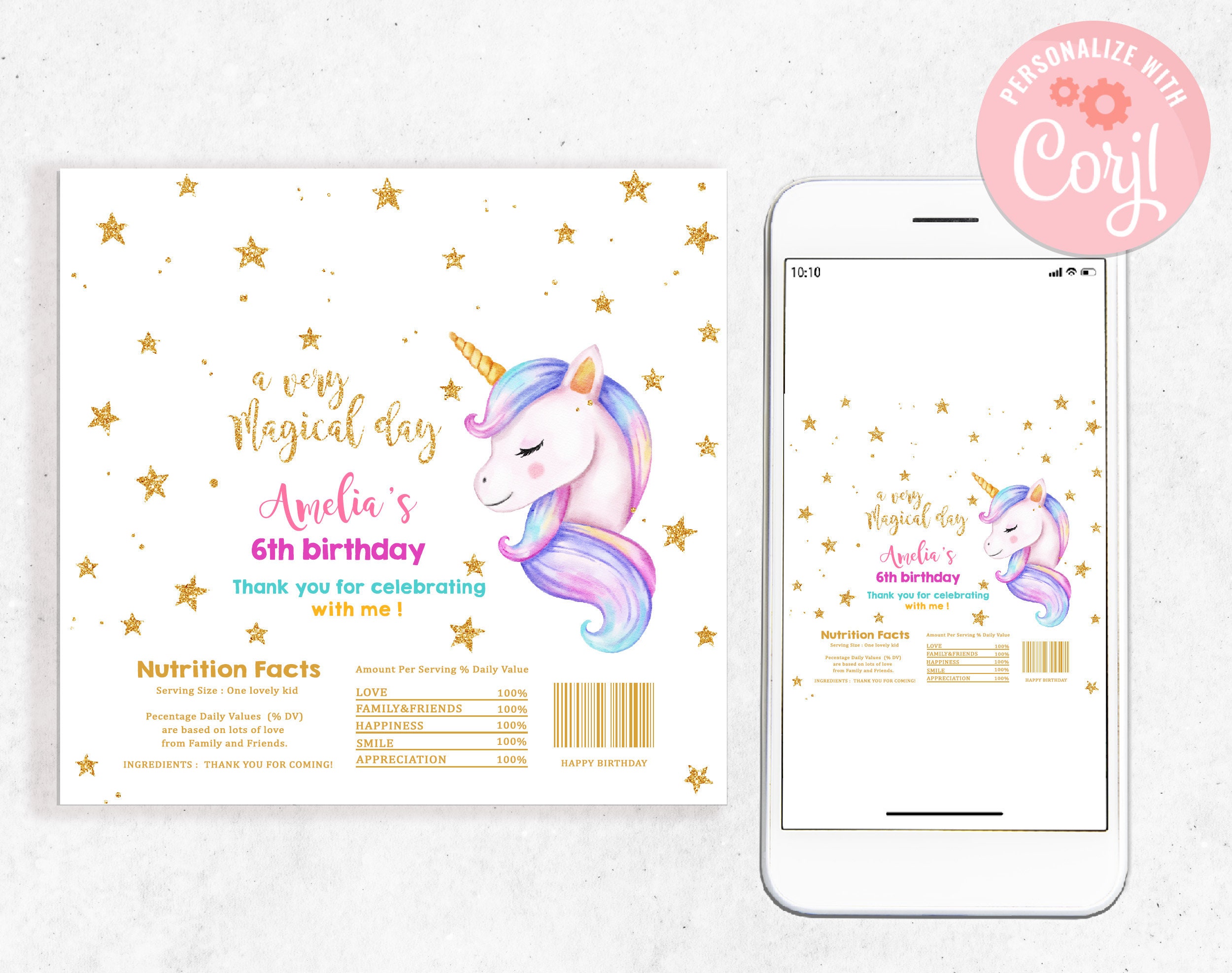 Unicorn Chocolate Wrapper Girl 1st First Birthday Candy Bar - Etsy