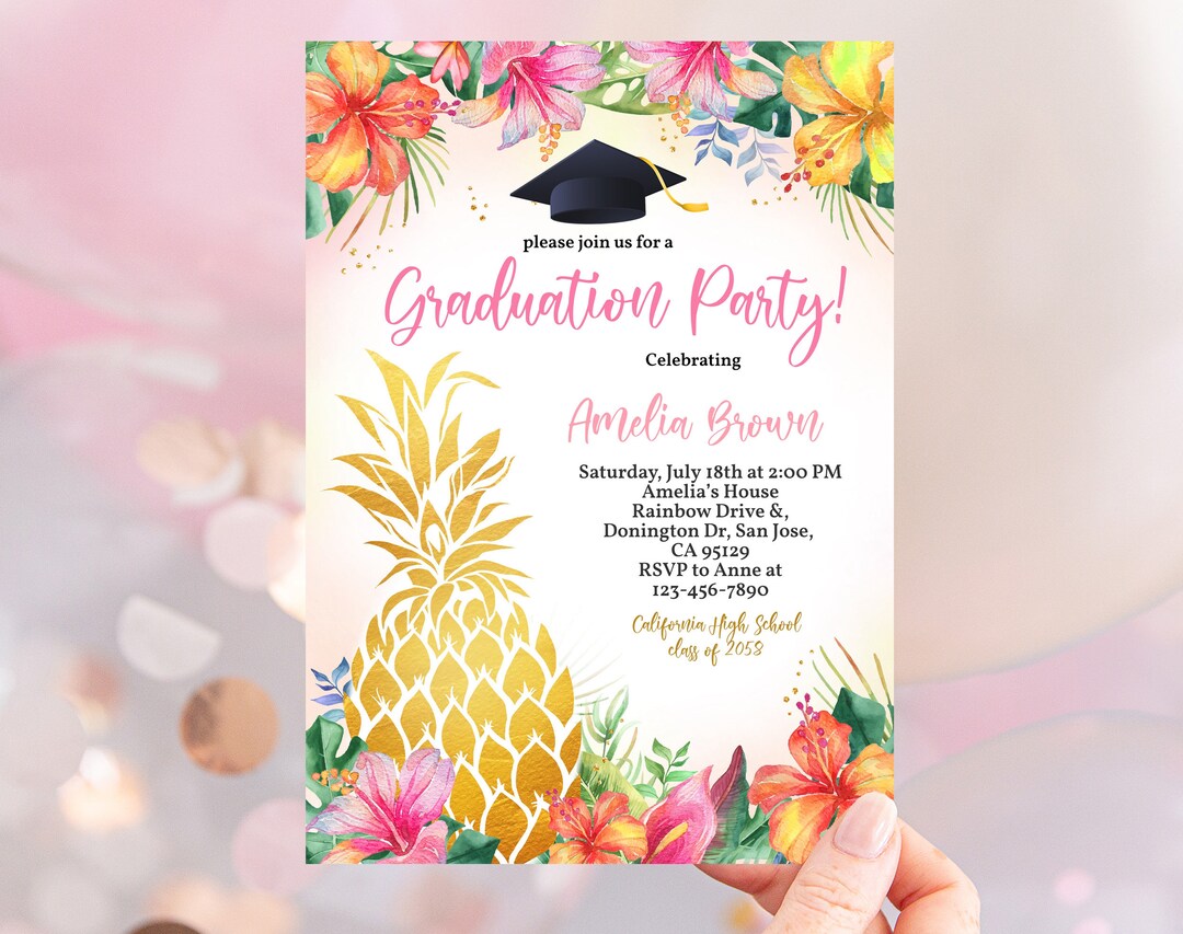 Tropical Graduation Party Invitation Pineapple High School Graduate ...