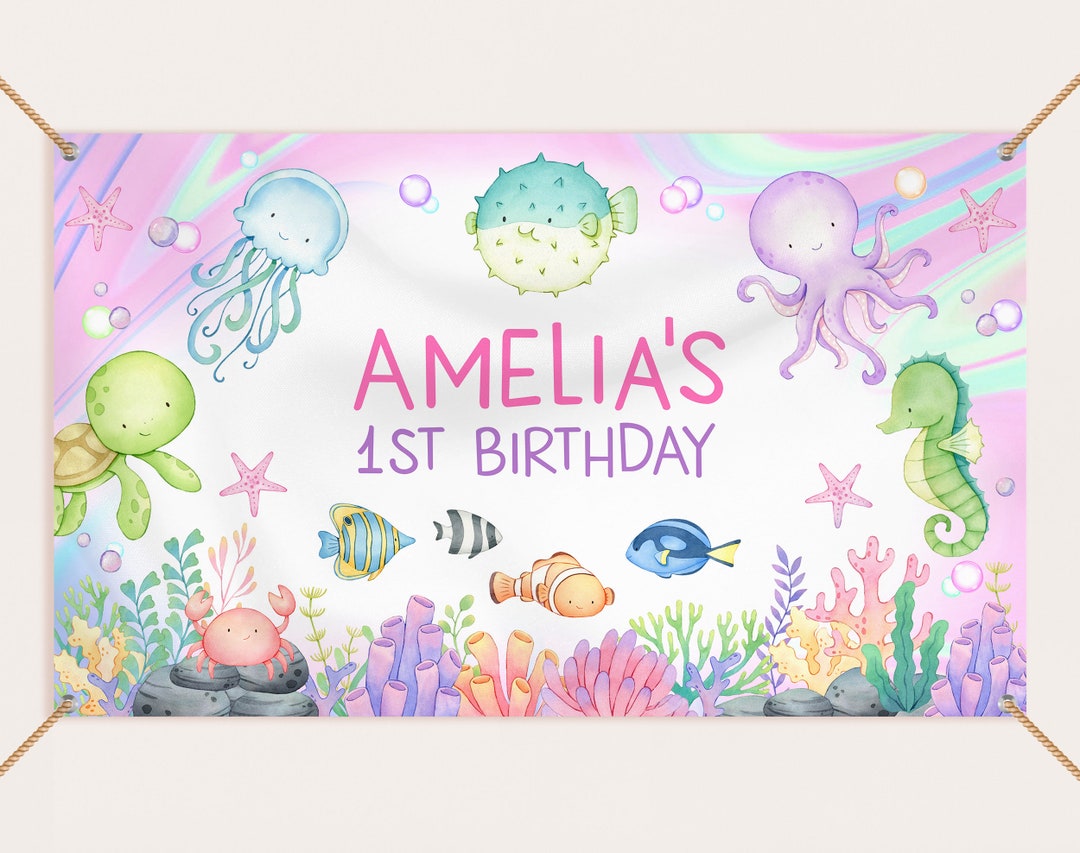 Under the Sea Backdrop Banner Ocean Animals Girl First Birthday Party ...