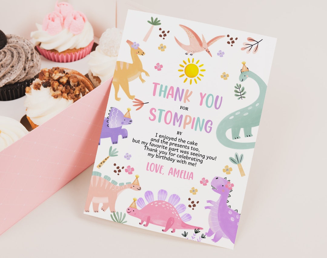 Pastel Dinosaur Thank You Card Girl 1st Birthday Party Favors Cute Dino ...
