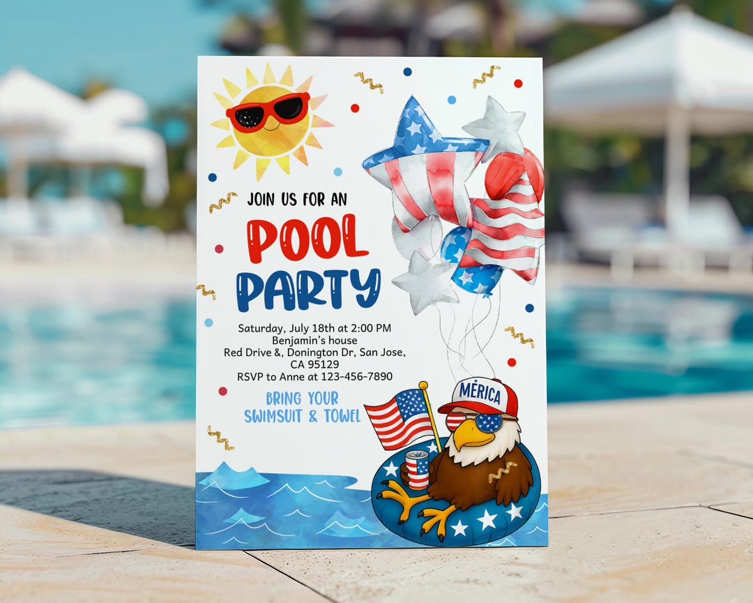 4th of July Pool Party Invitation Independence Day Patriotic Swim Party ...